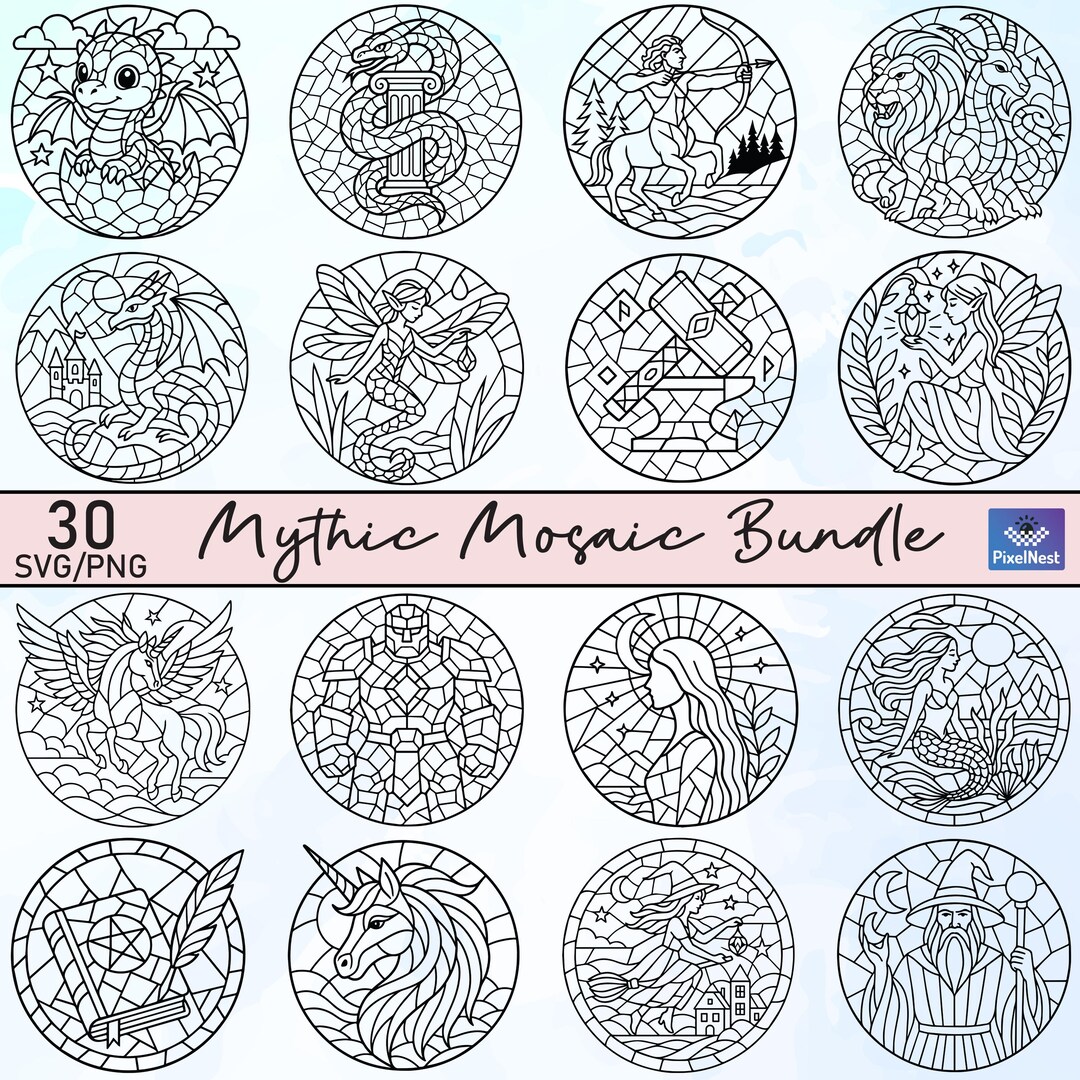 Mythic Mosaic SVG Bundle, Fantasy Creatures Clipart, Wizard Mosaic ...