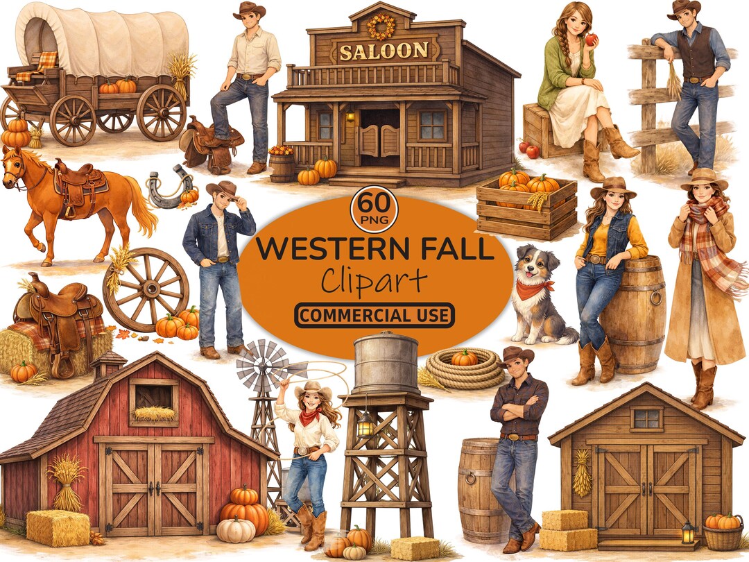 Western Fall Watercolor Clipart Bundle, Cowboy Autumn PNG, Rustic Farm ...