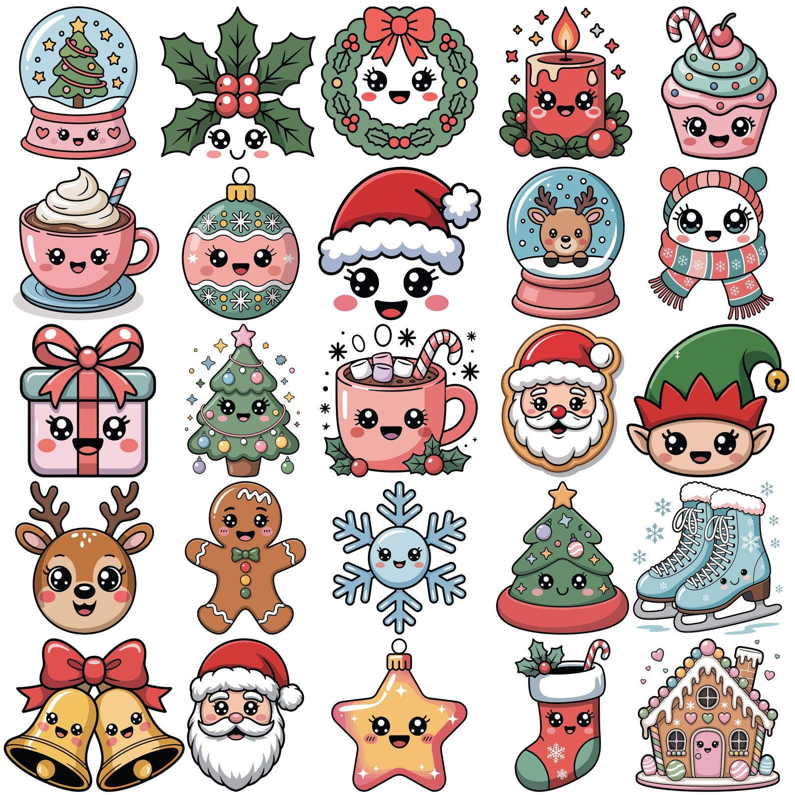 Cute Christmas Clipart Bundle, Kawaii Holiday SVG, Santa Reindeer ...
