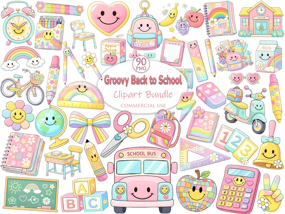 Groovy Back to School Clipart Bundle, Retro Kawaii School Supplies PNG ...