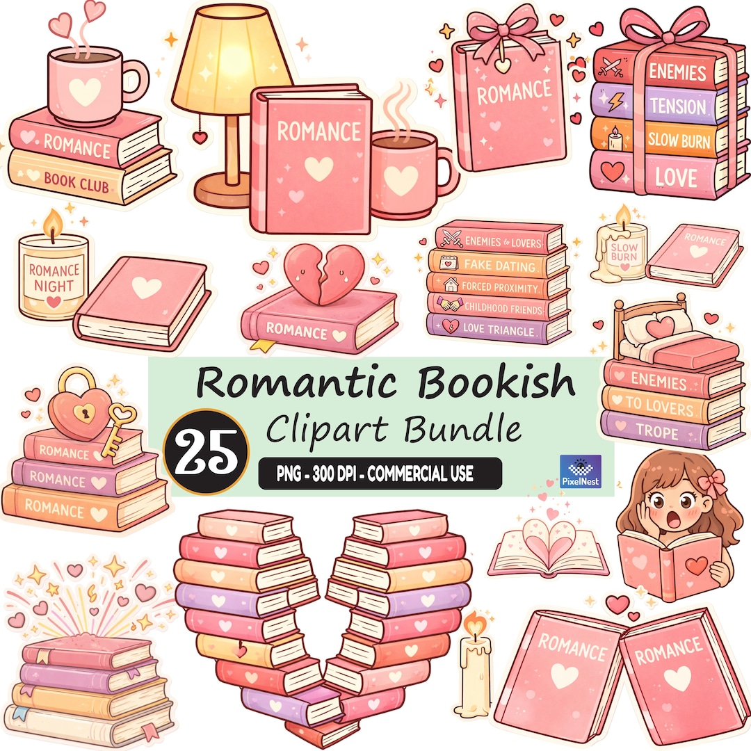 Romantic Bookish Clipart Bundle, Valentine Bookish PNG, Valentines Book ...