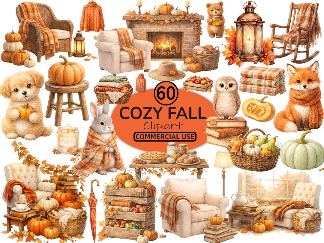 Cozy Fall Clipart Bundle, Watercolor Autumn PNG Illustrations, Cute ...