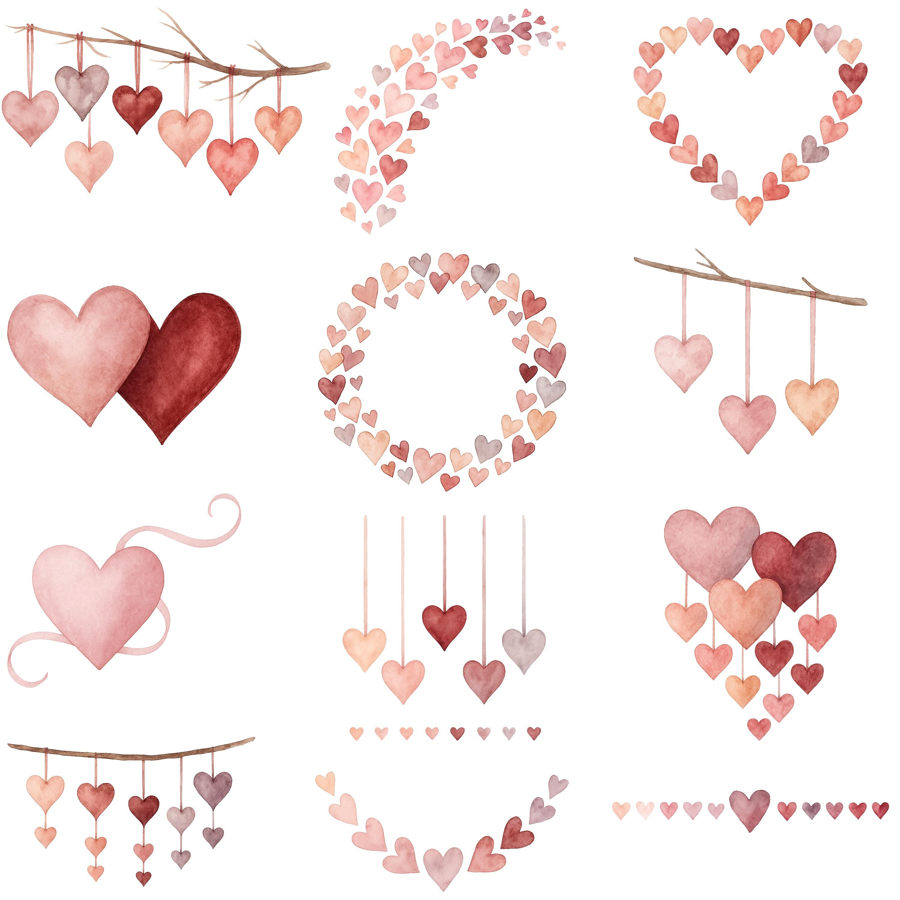 Valentine Heart Clipart Bundle, Watercolor Love Hearts PNG Set, Pink ...