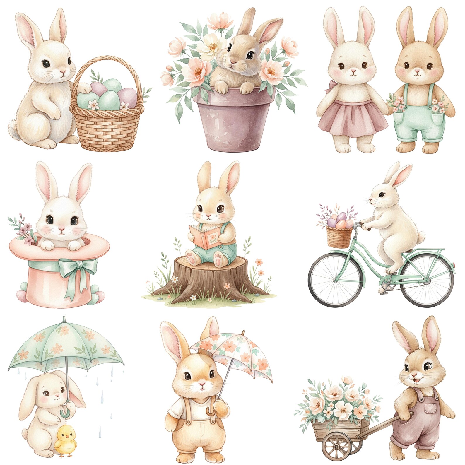 Easter Bunny Watercolor Clipart Bundle, Cute Bunny Pngs, Pastel Easter ...