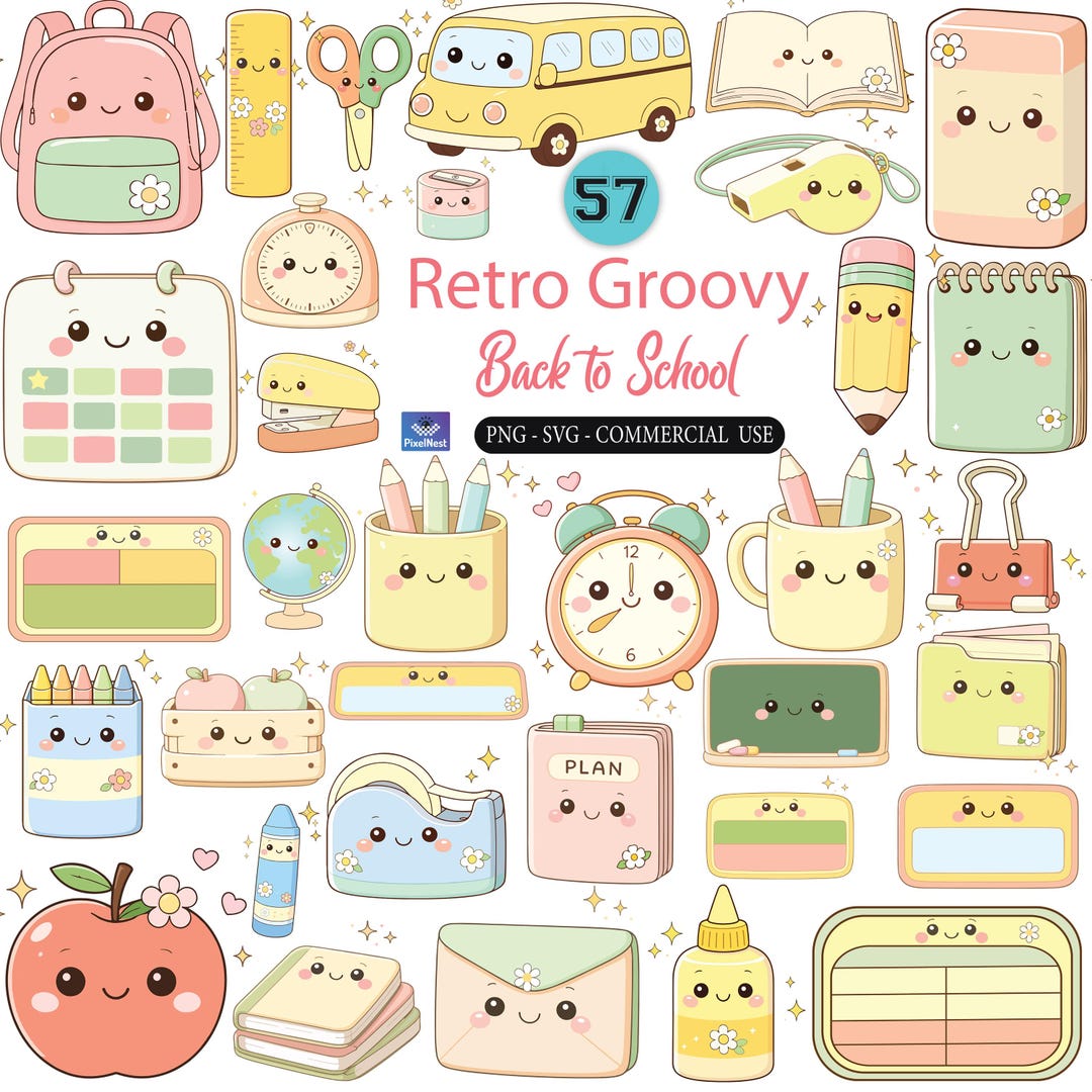 Back to School Clipart Bundle, Cute Retro Groovy School Supplies ...