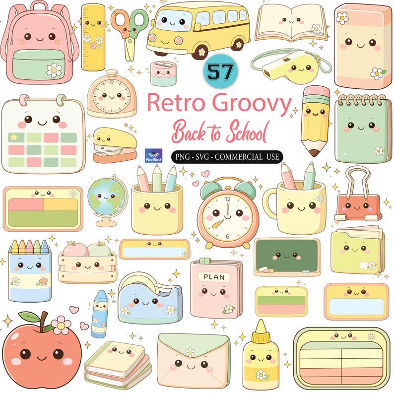 Back to School Clipart Bundle, Cute Retro Groovy School Supplies ...