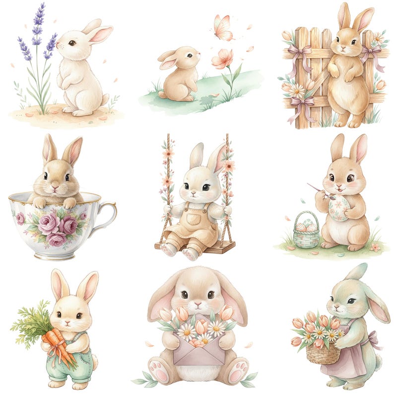 Easter Bunny Watercolor Clipart Bundle, Cute Bunny Pngs, Pastel Easter ...