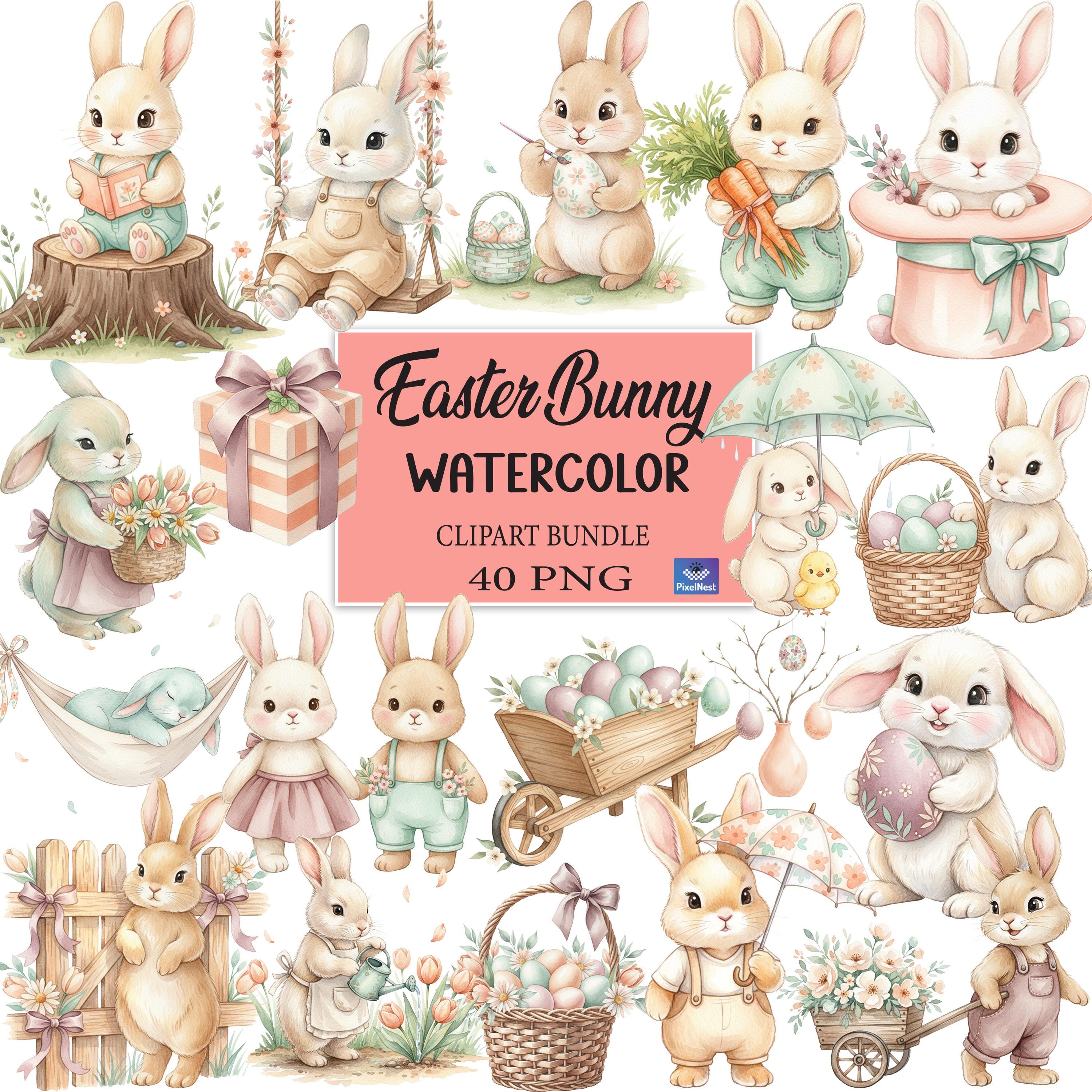 Easter Bunny Watercolor Clipart Bundle, Cute Bunny Pngs, Pastel Easter ...