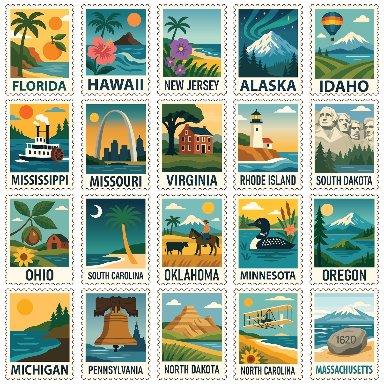 50 United States Postage Stamp Clipart Bundle, Vintage USA Travel ...