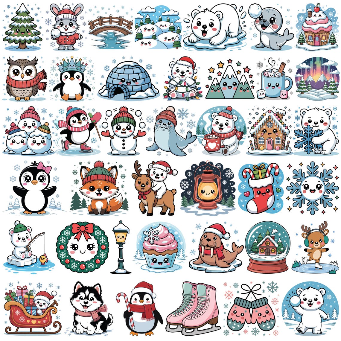 Kawaii Winter Clipart Bundle, Cute Snow Animals Christmas SVG PNG ...