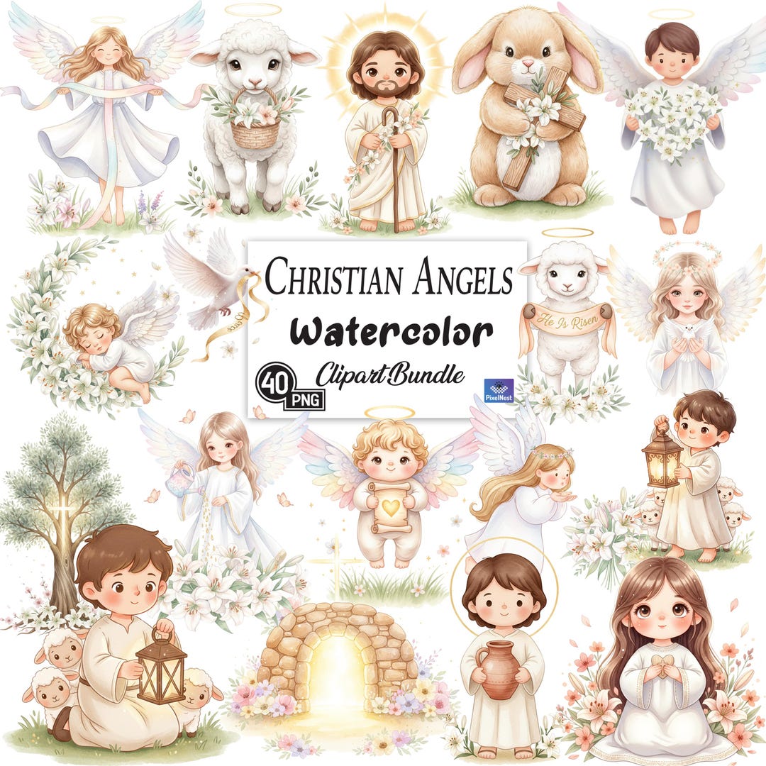 Christian Angels Watercolor Png Bundle, Easter Jesus & Lamb PNG ...