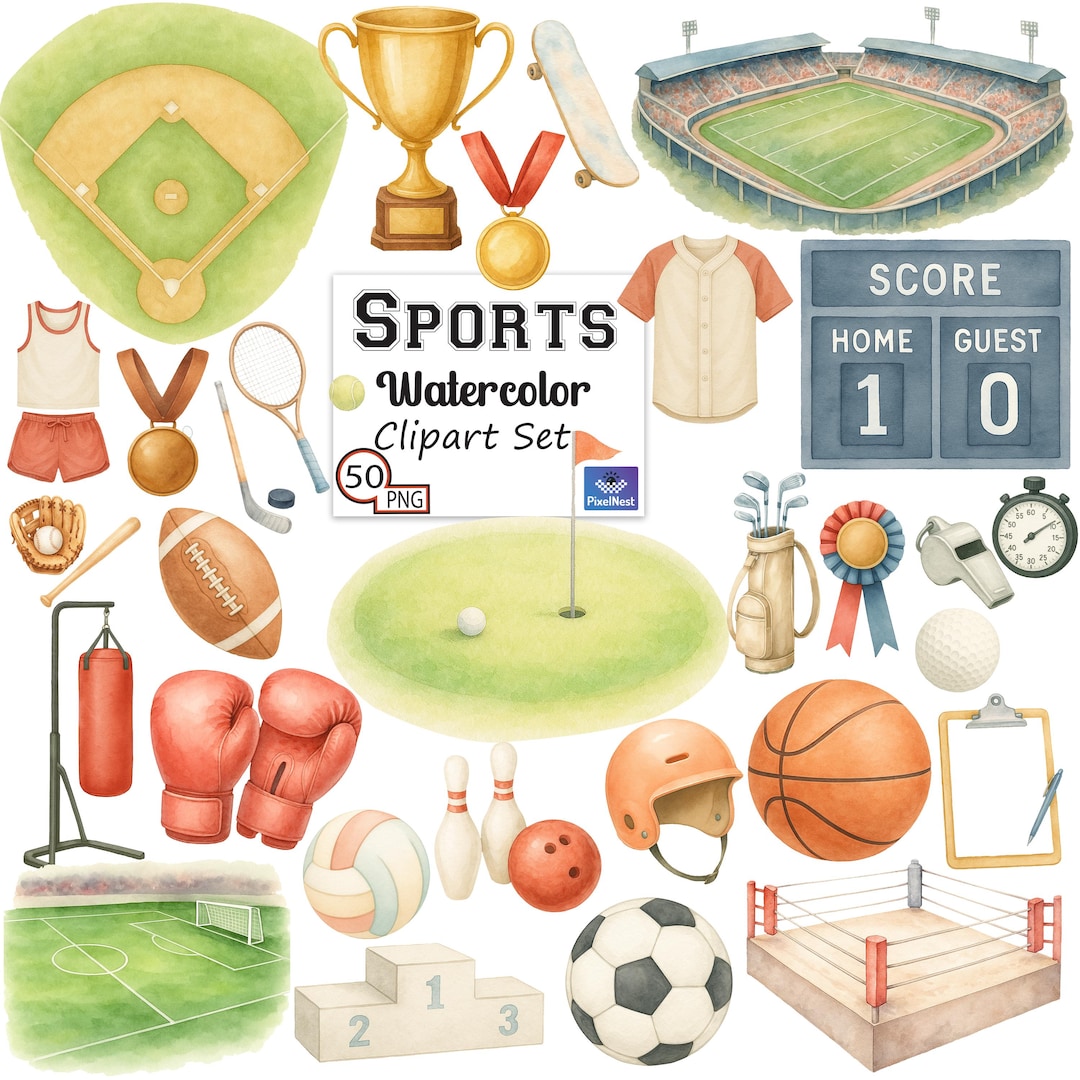 Sports Watercolor Clipart Bundle, Athletic Equipment PNG, Kids Sports ...