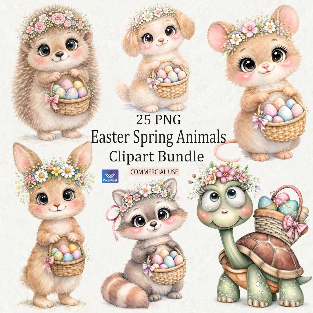 Easter Spring Animals Clipart Bundle, Cute Baby Animal PNG, Floral ...
