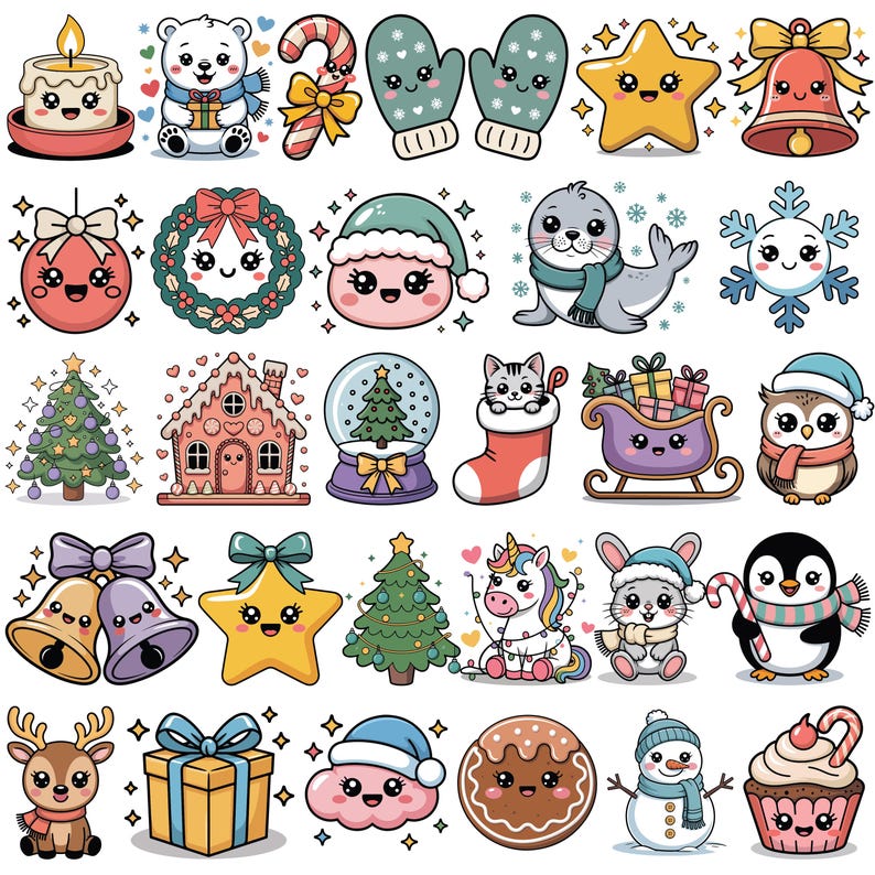 Kawaii Christmas Clipart Bundle, Cute Holiday SVG PNG, Cute Kawaii PNG ...