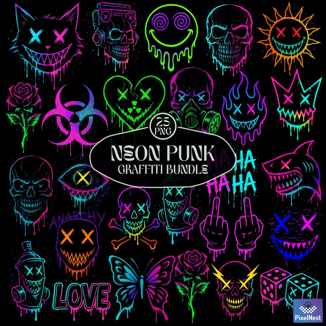 Neon Punk Graffiti PNG Bundle, Cyberpunk Street Art Clipart, Skull ...