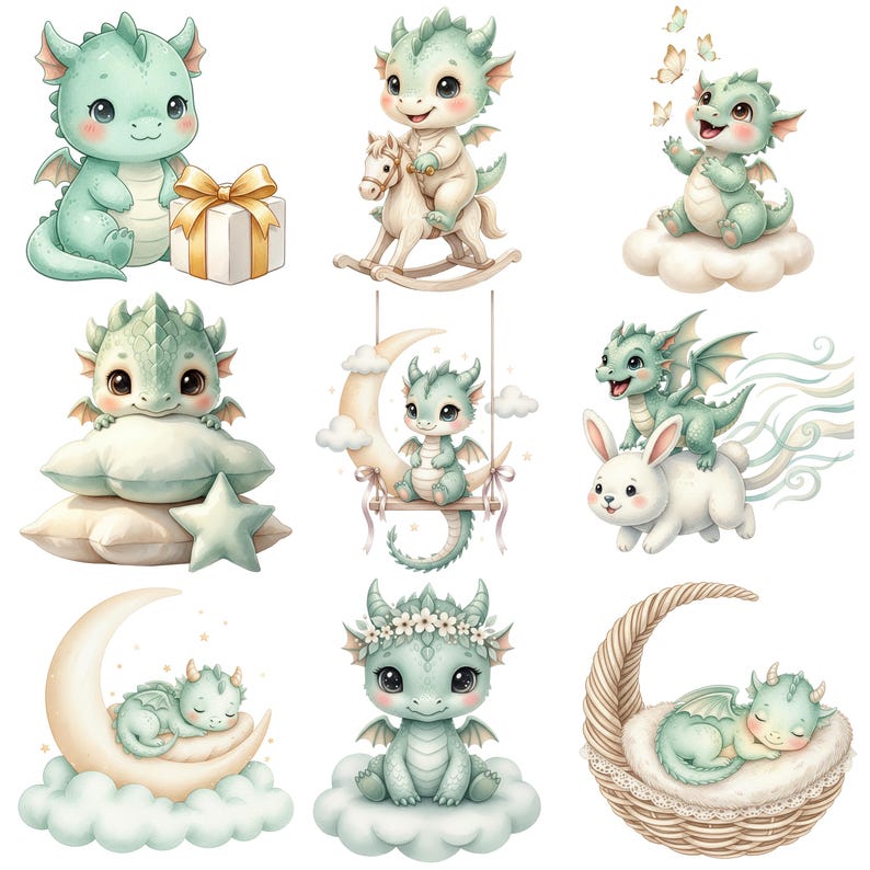 Baby Dragon Nursery Clipart Bundle, Cute Dragon Baby PNG, Pastel ...