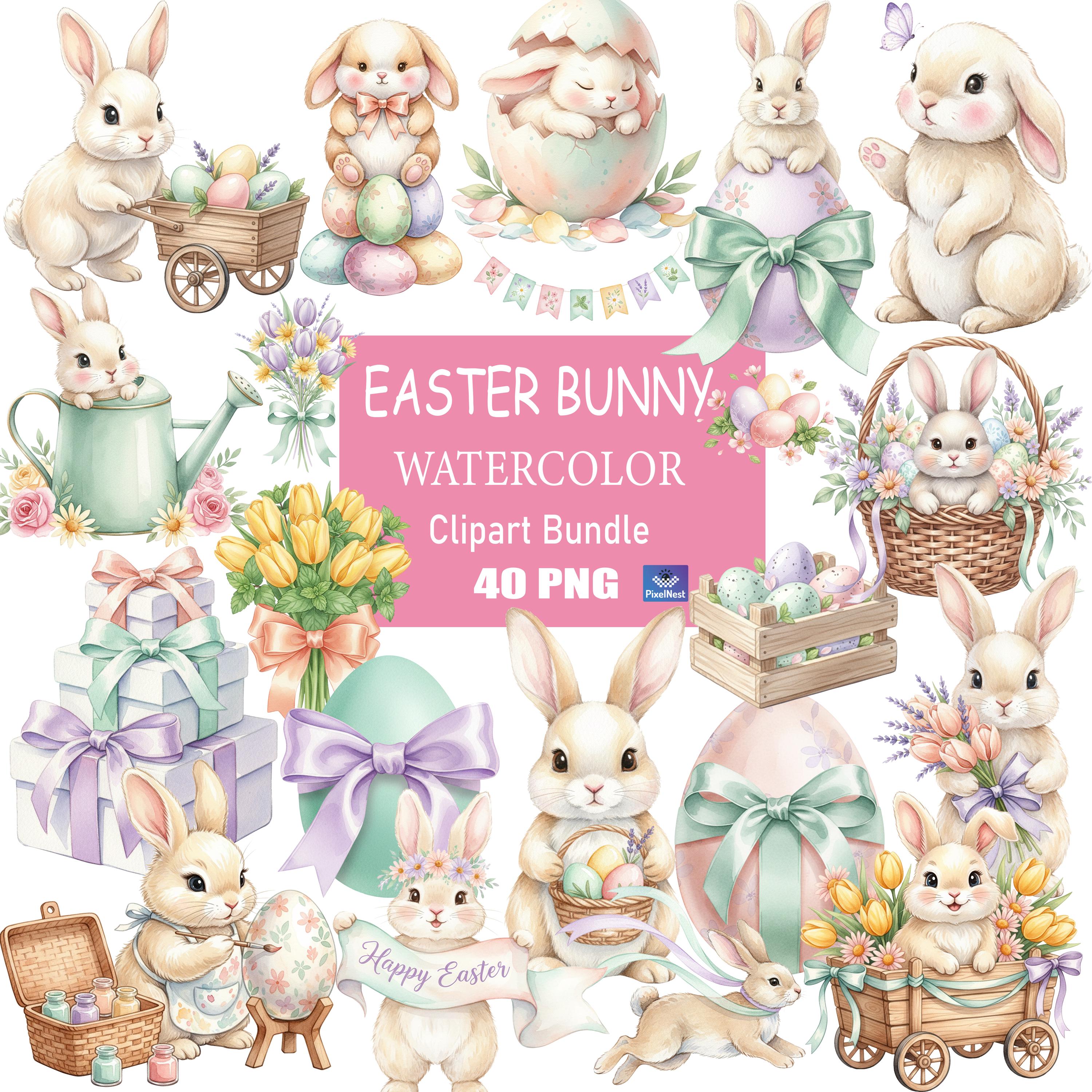 Watercolor Easter Bunny Clipart Bundle, Cute Bunny Pngs, Spring Easter ...