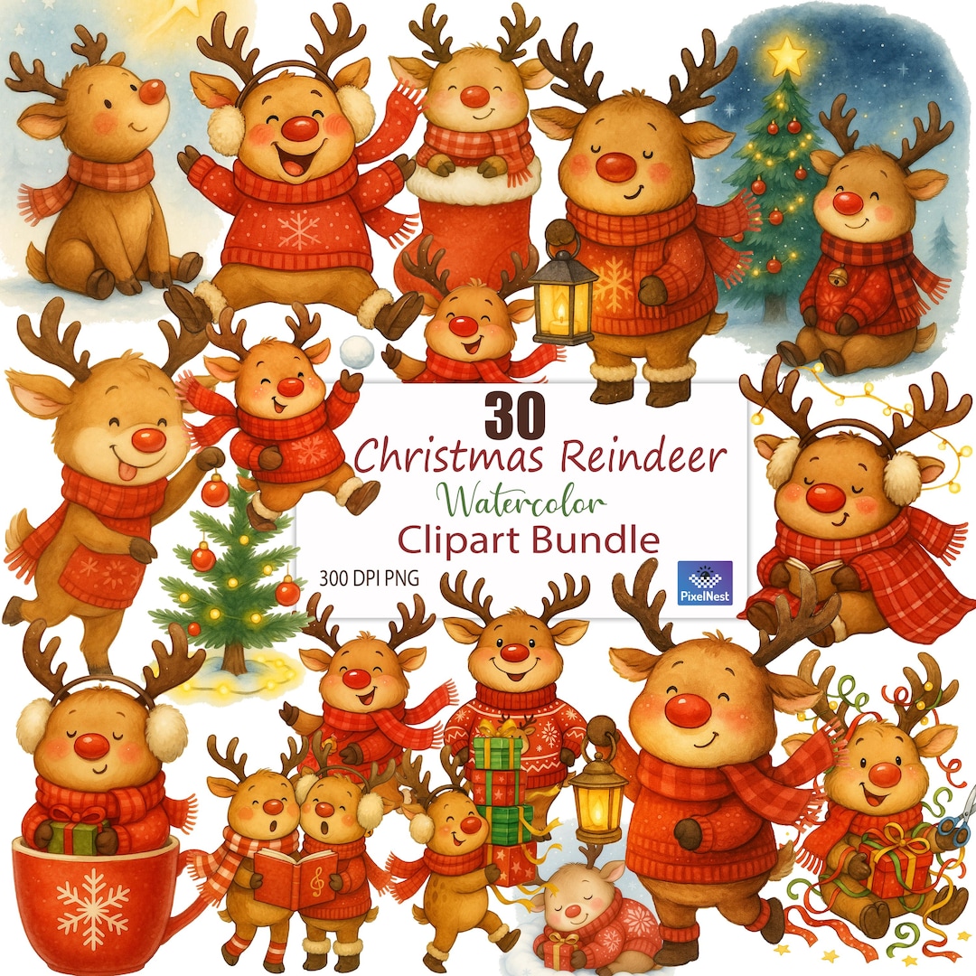 Christmas Reindeer Watercolor Clipart Bundle, Cute Reindeer PNG Set ...