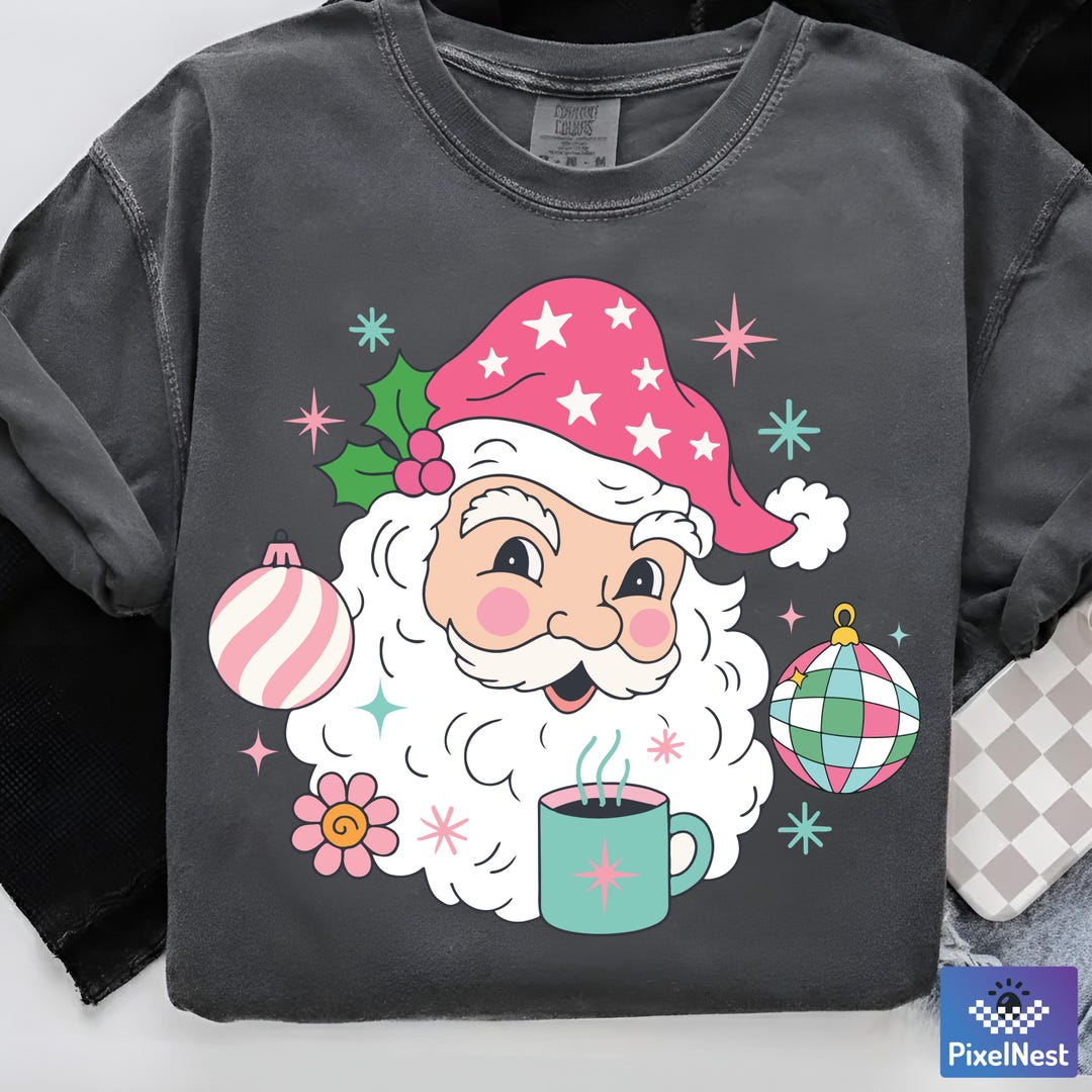 Retro Pink Santa Face Christmas Shirt Png, Cute Vintage Holiday T-shirt ...