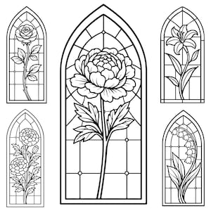 Stained Glass Flower Window SVG Bundle, Floral Cathedral Arch SVG ...