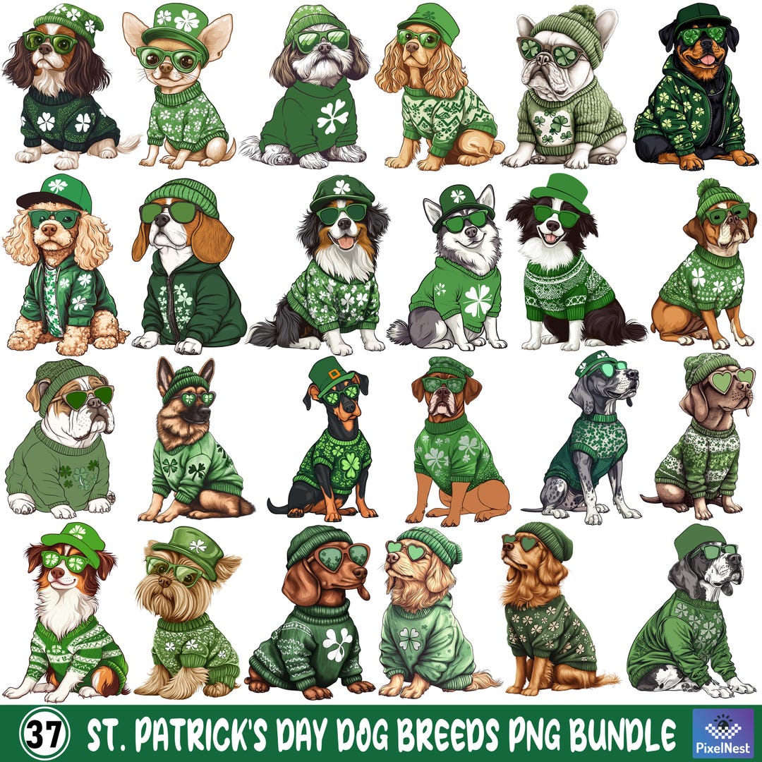 St Patrick’s Day Dog PNG Bundle, Lucky Shamrock Dog Breeds Clipart ...