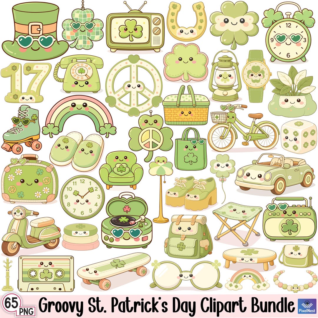 Groovy St Patrick’s Day Clipart Bundle, Cute Shamrock PNG, Retro Irish ...