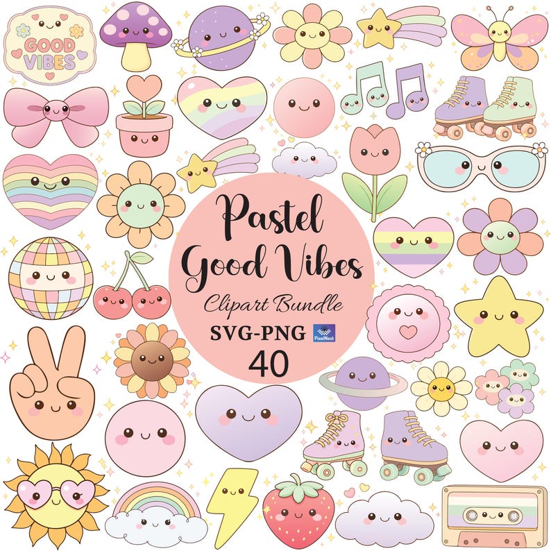 Pastel Good Vibes Clipart Bundle, Positive Vibes SVG, Cute Kawaii Art ...