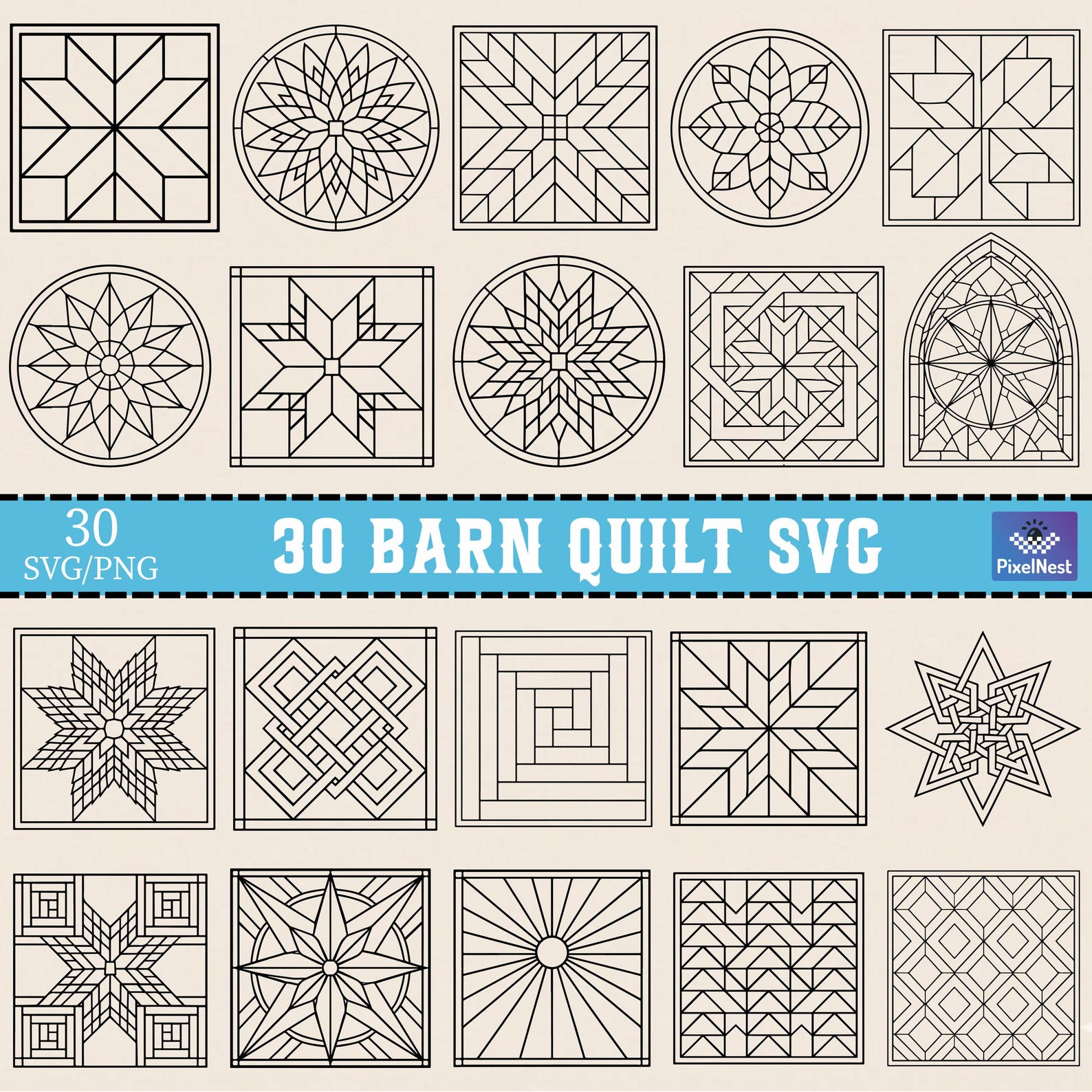 Barn Quilt SVG Bundle, 30 Barn Quilt Patterns, Farmhouse Quilt Block ...