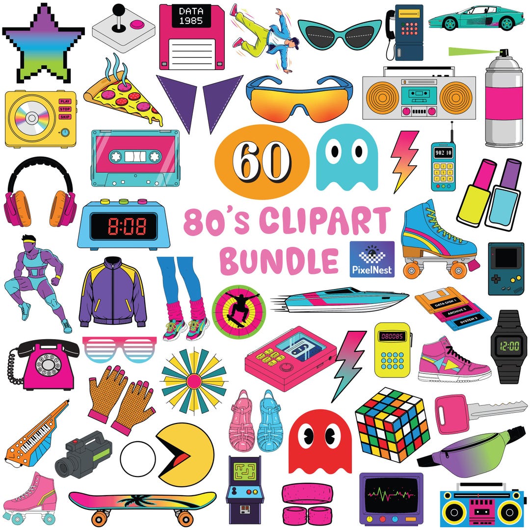 80s Clipart Bundle, Retro 1980s PNG Graphics, Neon Vintage Icons ...