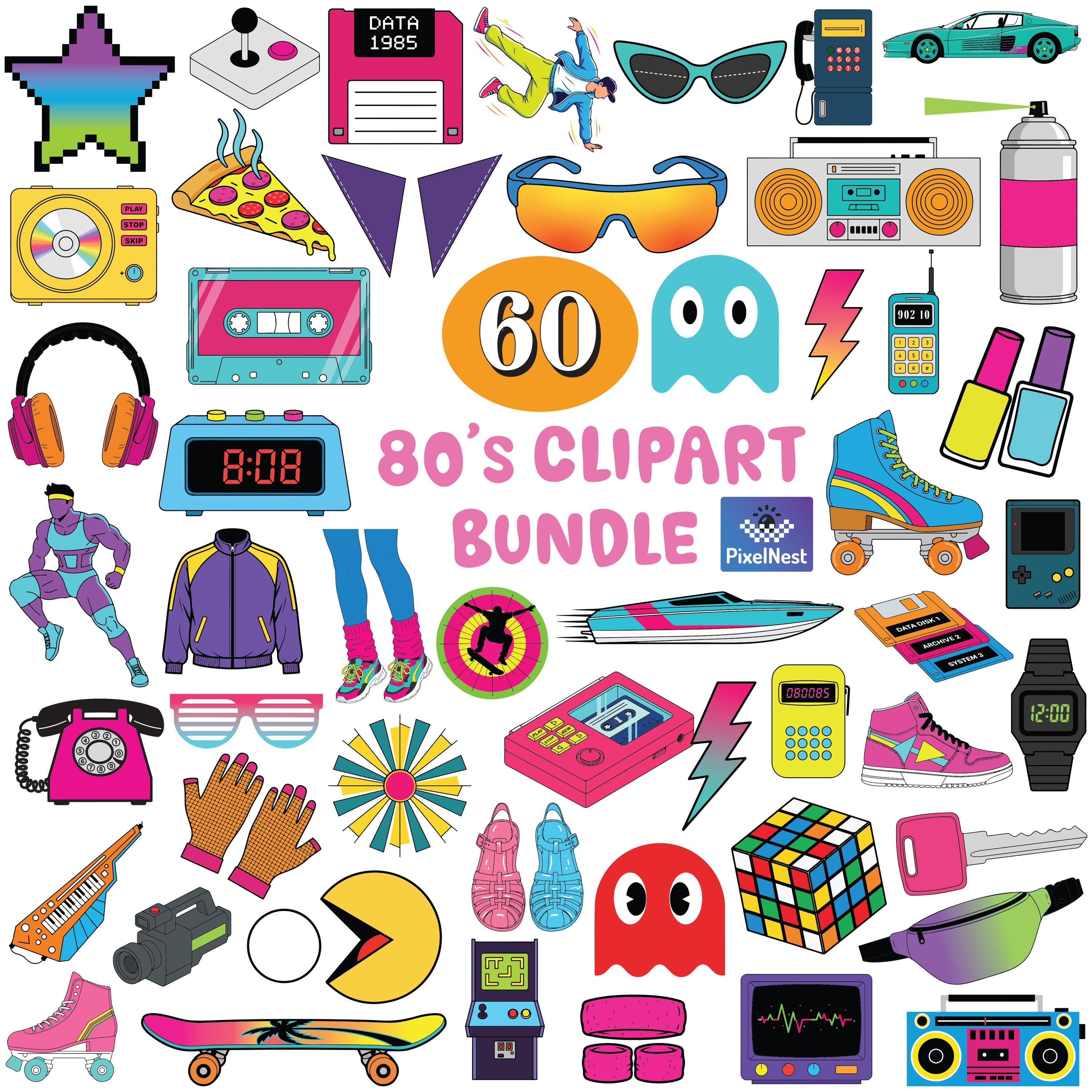 80s Clipart Bundle, Retro 1980s PNG Graphics, Neon Vintage Icons ...