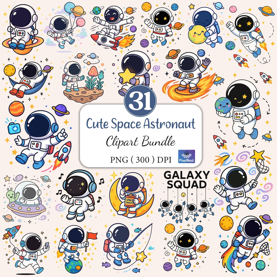 Cute Space Astronaut Clipart Bundle, Kawaii Space Pngs, Galaxy Kids ...
