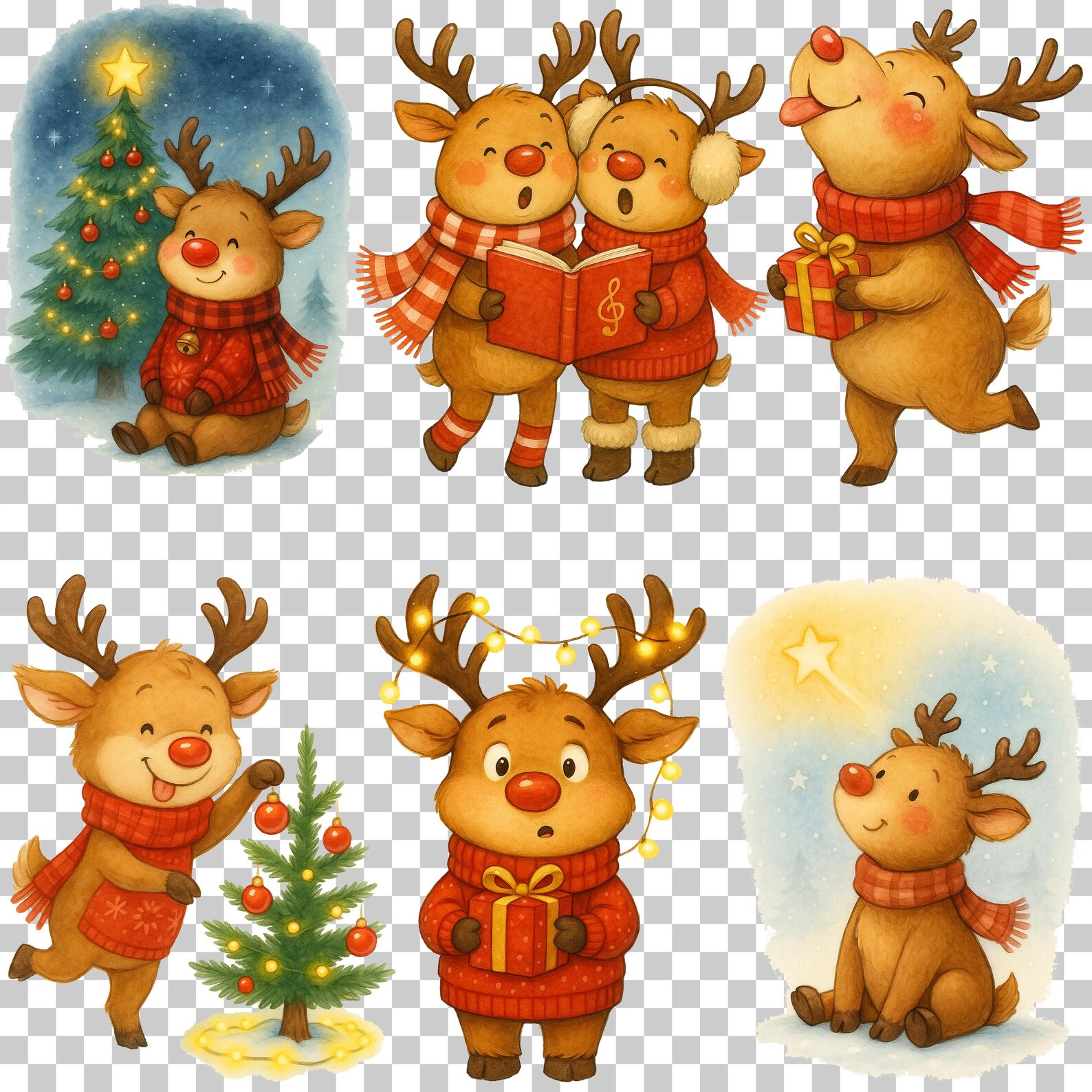 Christmas Reindeer Watercolor Clipart Bundle, Cute Reindeer PNG Set ...
