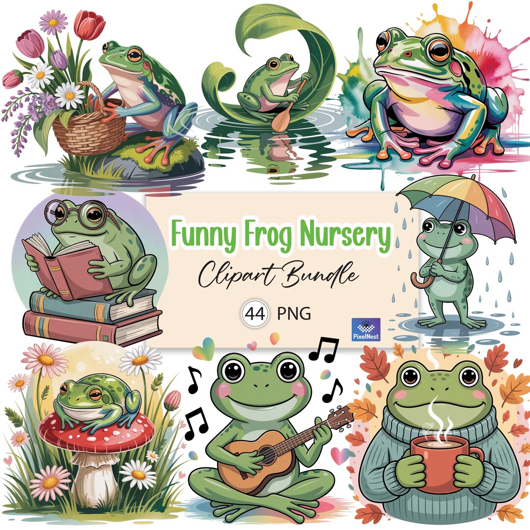 Funny Frog PNG Clipart Bundle, Cute Frog PNG Set, Whimsical Amphibian ...