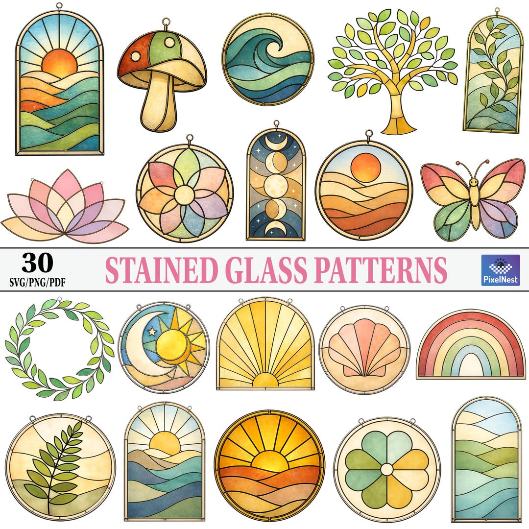 Stained Glass Pattern Bundle, 30 Stained Glass Designs, SVG PNG PDF ...