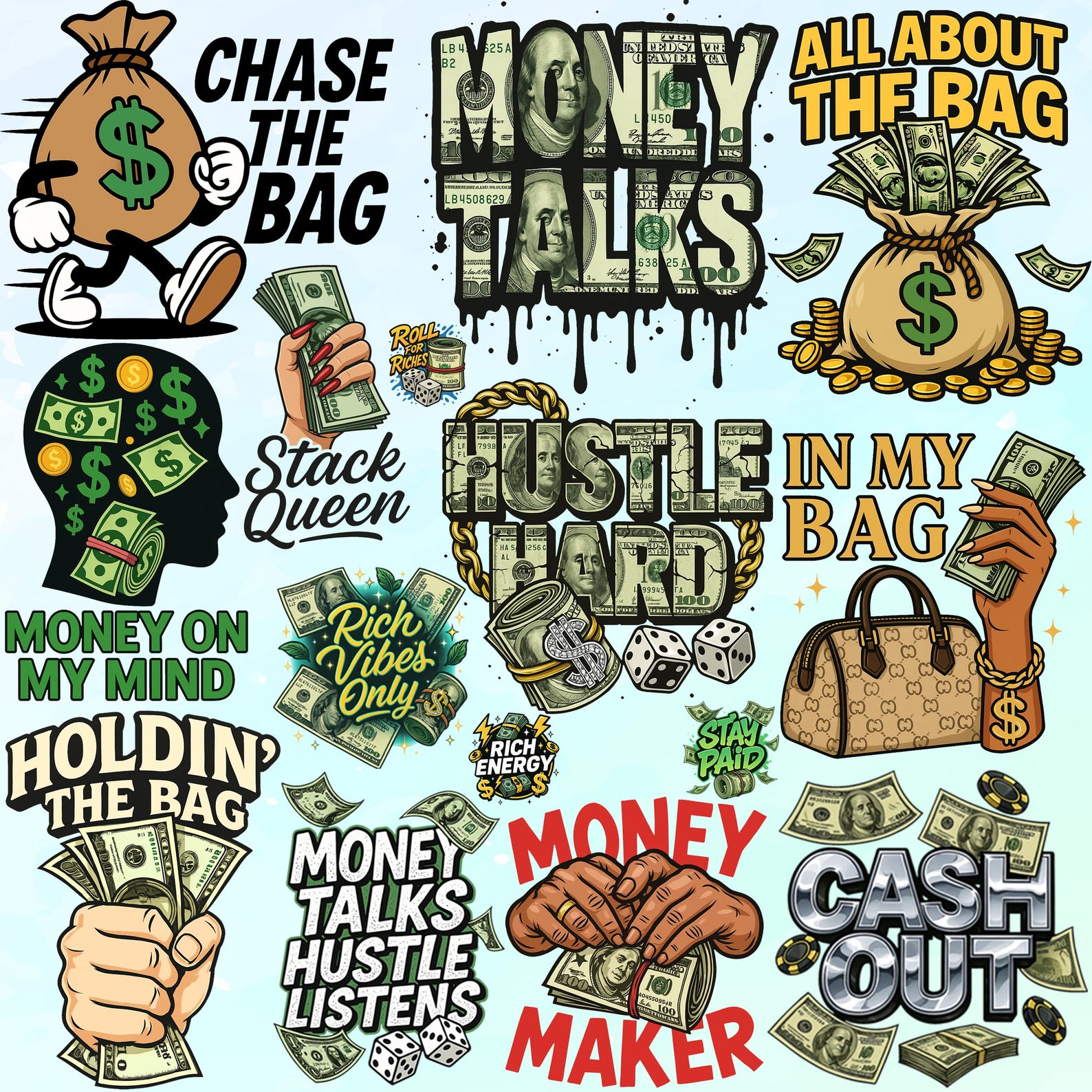 Money Hustle PNG Bundle, 40 Cash Grind Graphics, Rich Vibes Sublimation ...