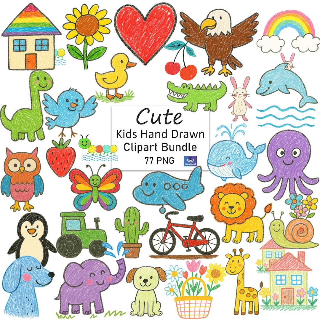 Kids Hand Drawn Crayon Clipart Bundle, Cute Childlike Doodle PNG Set ...