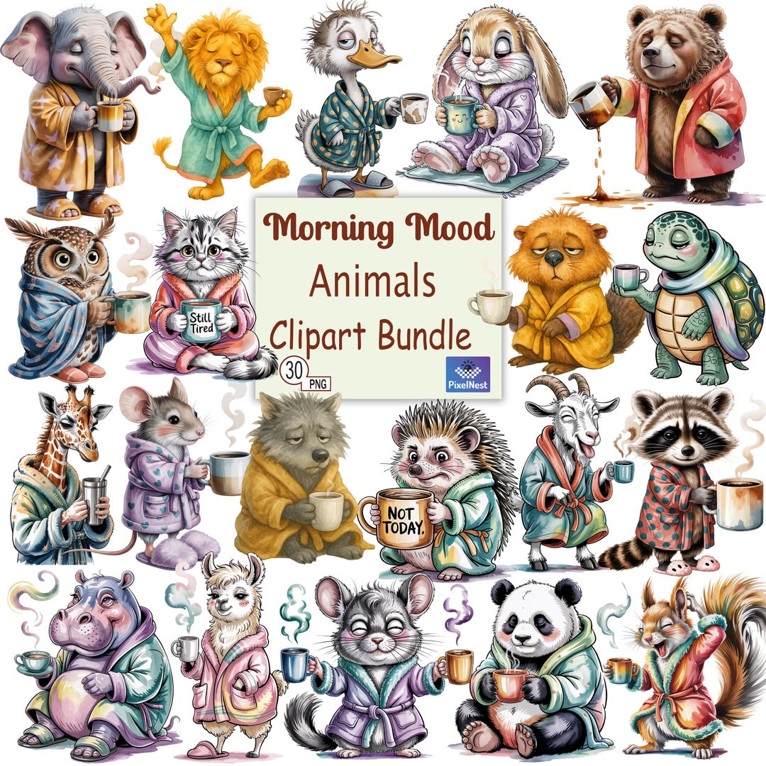 Morning Mood Animals PNG Bundle, Cute Coffee Animal Clipart, Sleepy ...