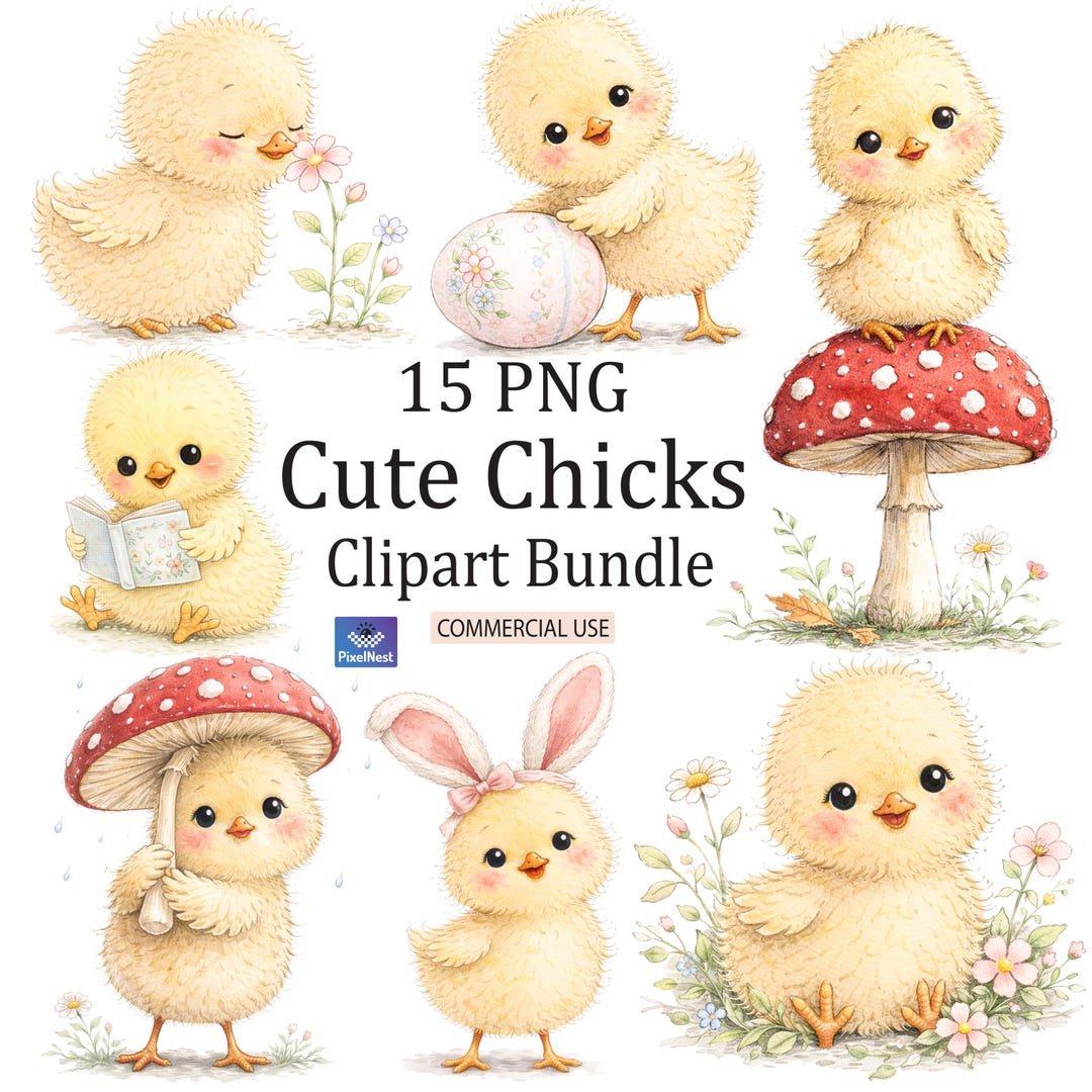 Cute Chicks Watercolor Clipart Bundle, Baby Chick PNG, Easter Chick ...