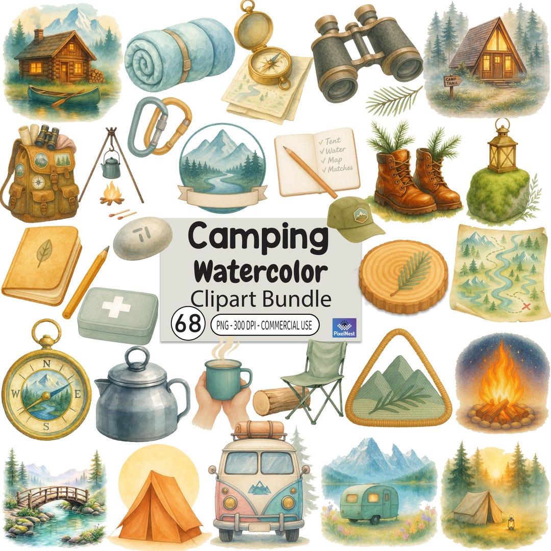 Camping Watercolor Clipart Bundle, Outdoor Adventure PNG, Forest ...