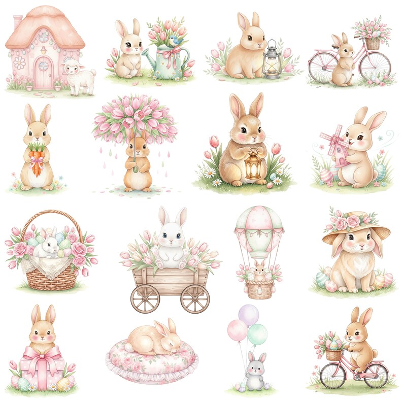 Pink Watercolor Easter Clipart Bundle, Cute Pastel Easter PNG, Spring ...