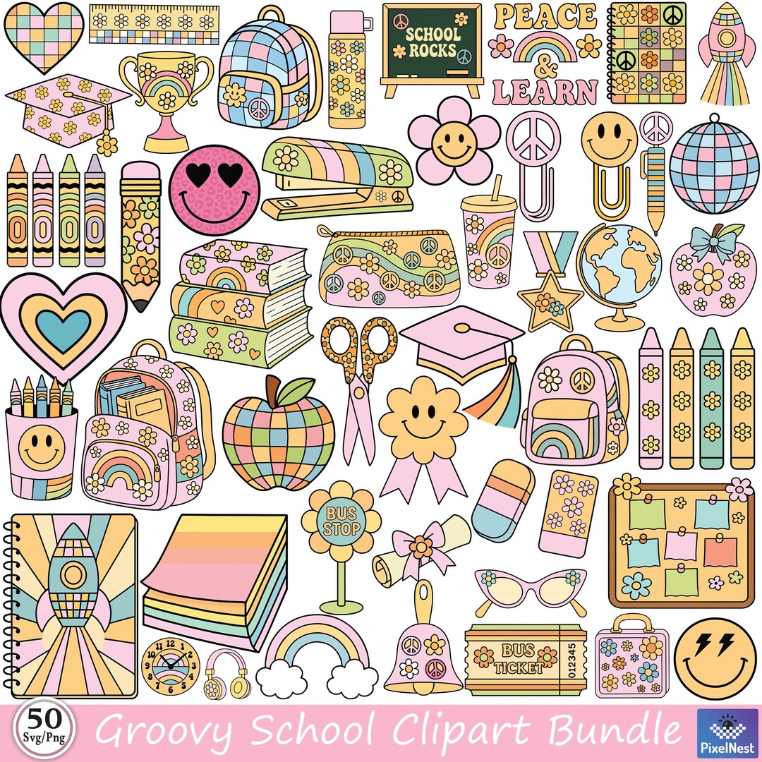 Groovy School Clipart Bundle, Retro Teacher SVG PNG Set, Boho Classroom ...