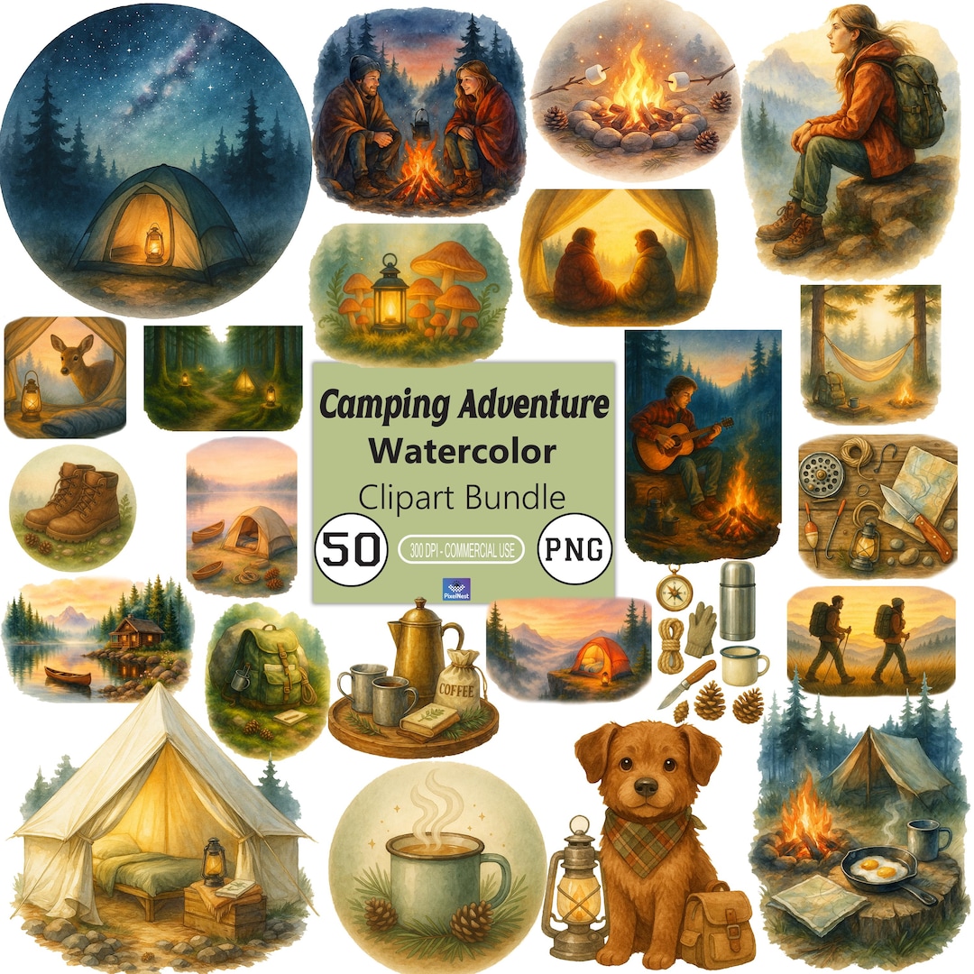 Camping Watercolor Clipart Bundle, Outdoor Adventure PNG, Cozy Campfire ...