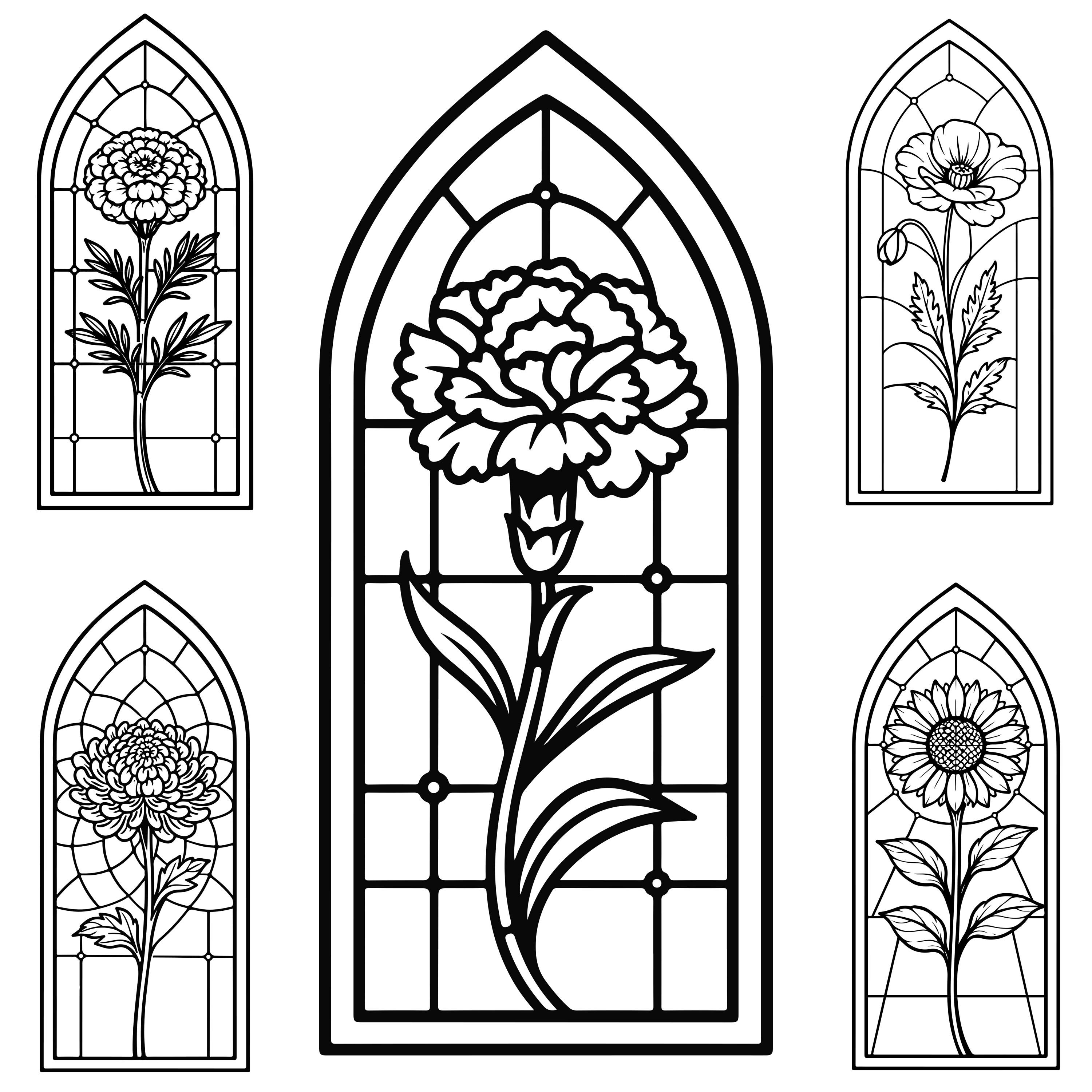 Stained Glass Flower Window SVG Bundle, Floral Cathedral Arch SVG ...