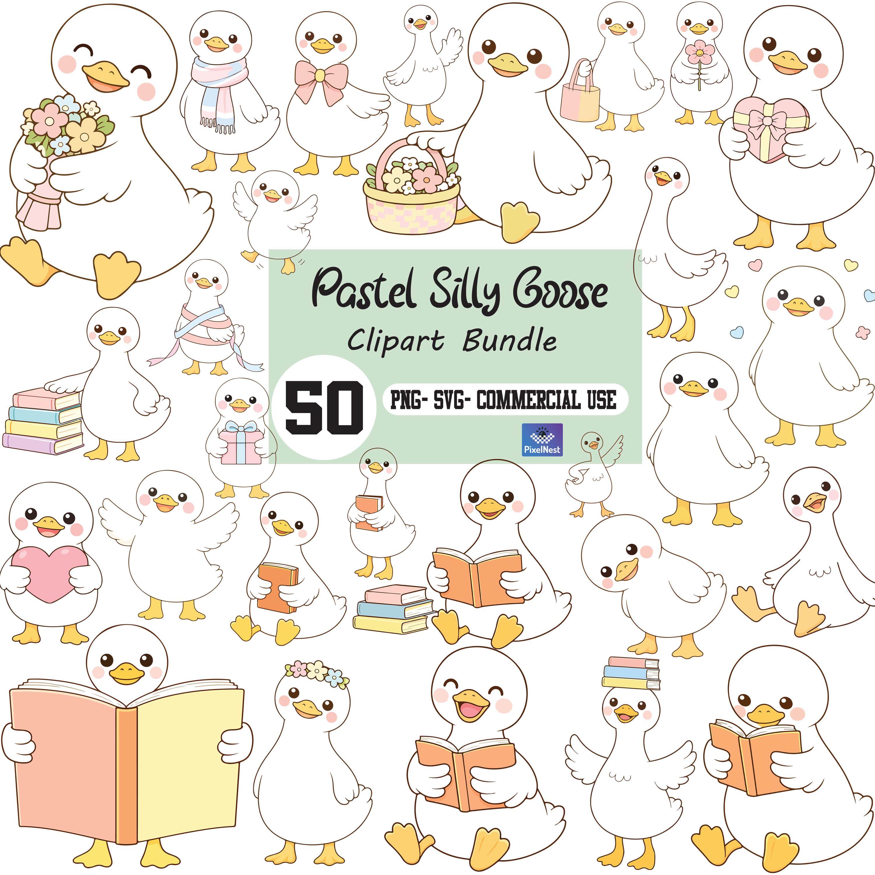 Silly Goose Clipart Bundle, Pastel Silly Goose SVG Bundle, Cute Goose ...