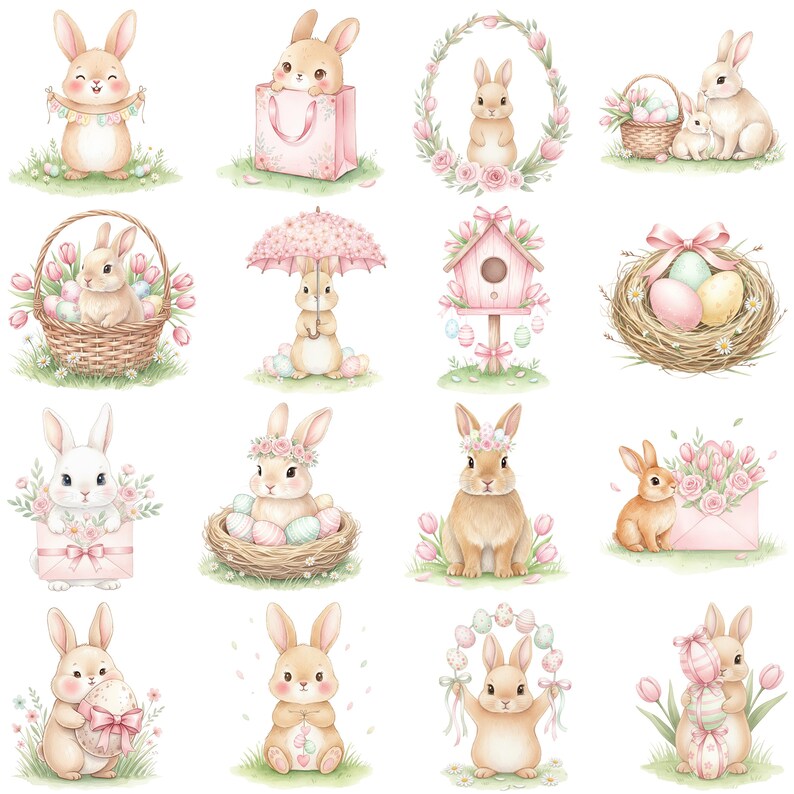 Pink Watercolor Easter Clipart Bundle, Cute Pastel Easter PNG, Spring ...