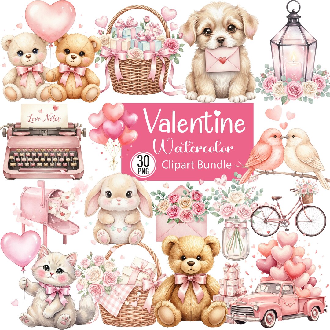 Valentine Watercolor Clipart Bundle, Cute Animals & Love Elements PNG ...
