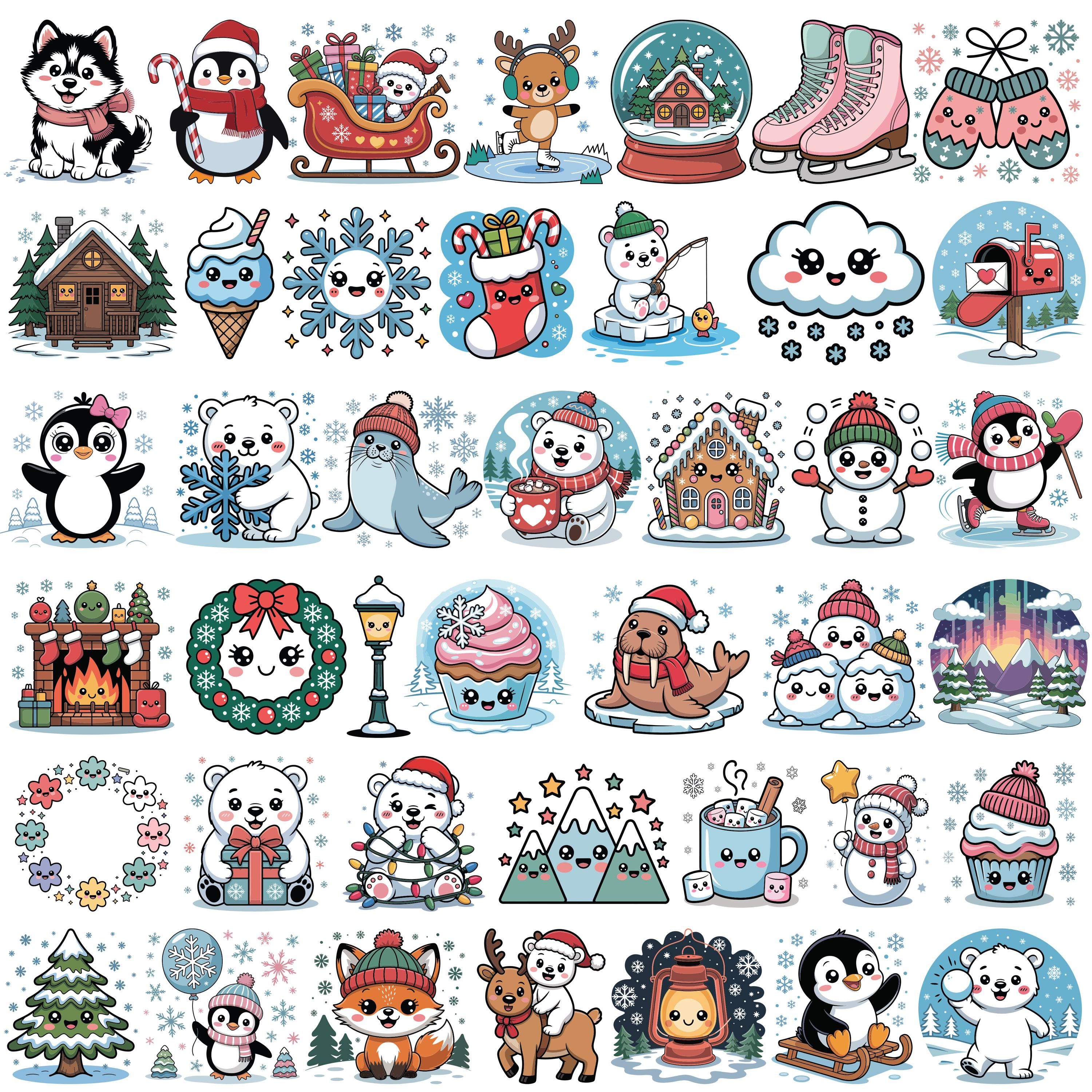 Kawaii Winter Clipart Bundle, Cute Snow Animals Christmas SVG PNG ...