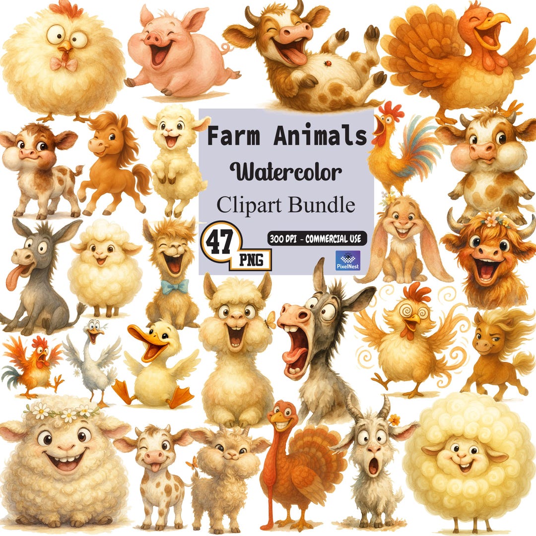 Farm Animals Watercolor Clipart Bundle, Cute Farm Animal PNG, Baby Farm ...