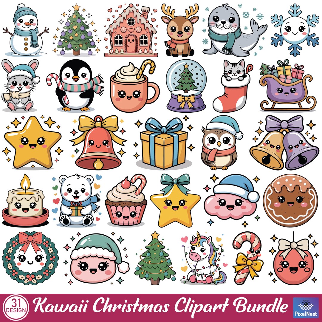 Kawaii Christmas Clipart Bundle, Cute Holiday SVG PNG, Cute Kawaii PNG ...