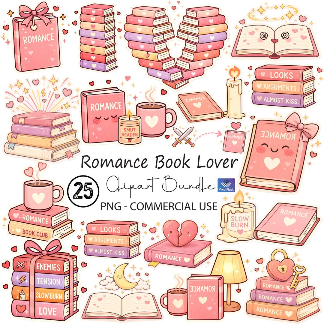 Romance Book Lover Clipart Bundle, Cute Pink Bookish PNG, Romance ...